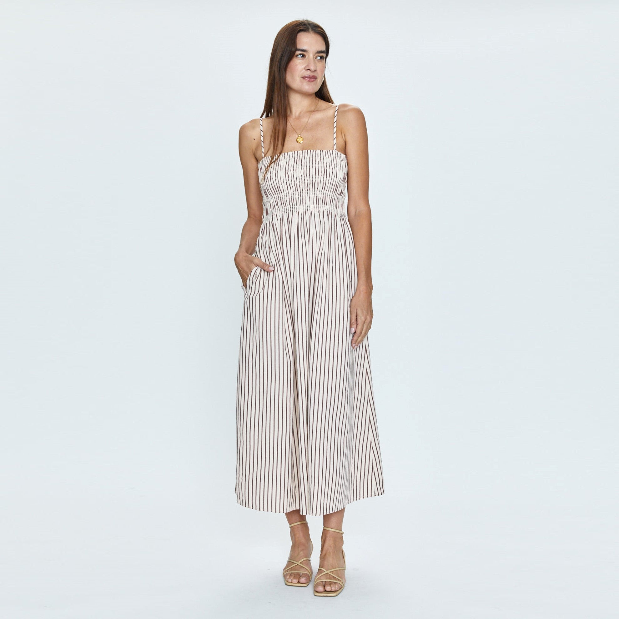 Pistola Bianca Shirred Bodice Dress - Brown Stripe | The Hat Store, LLC